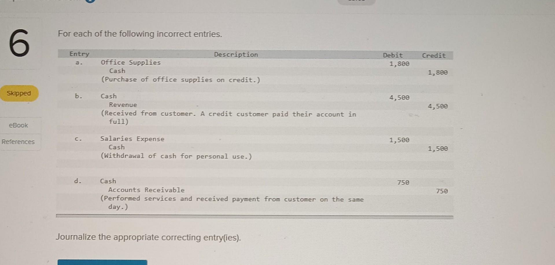 Solved For each of the following incorrect entries. | Chegg.com