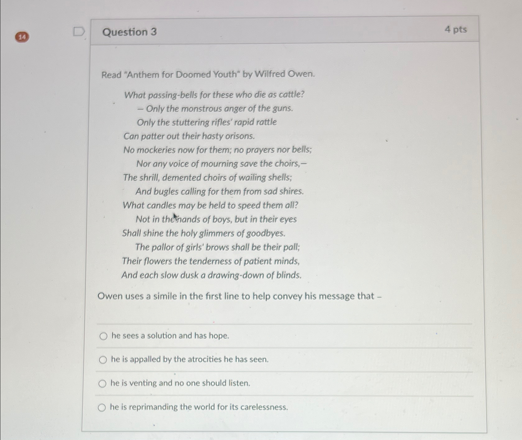Solved Question 34 ﻿pts14Read "Anthem for Doomed Youth" by | Chegg.com