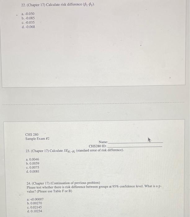 Solved 22. (Chapter 17) Calculate risk difference (p^1−p^2). | Chegg.com
