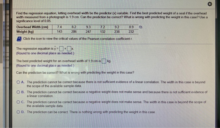 Solved Find the regression equation, letting overhead width | Chegg.com