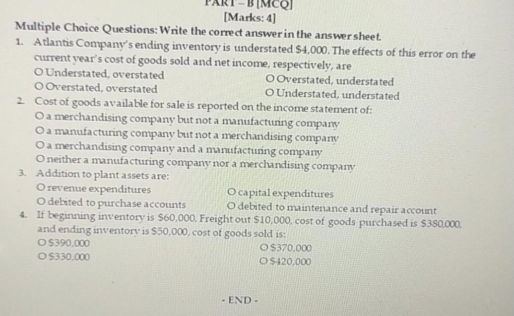 Solved [Marks:4] Multiple Choice Questions: Write the | Chegg.com
