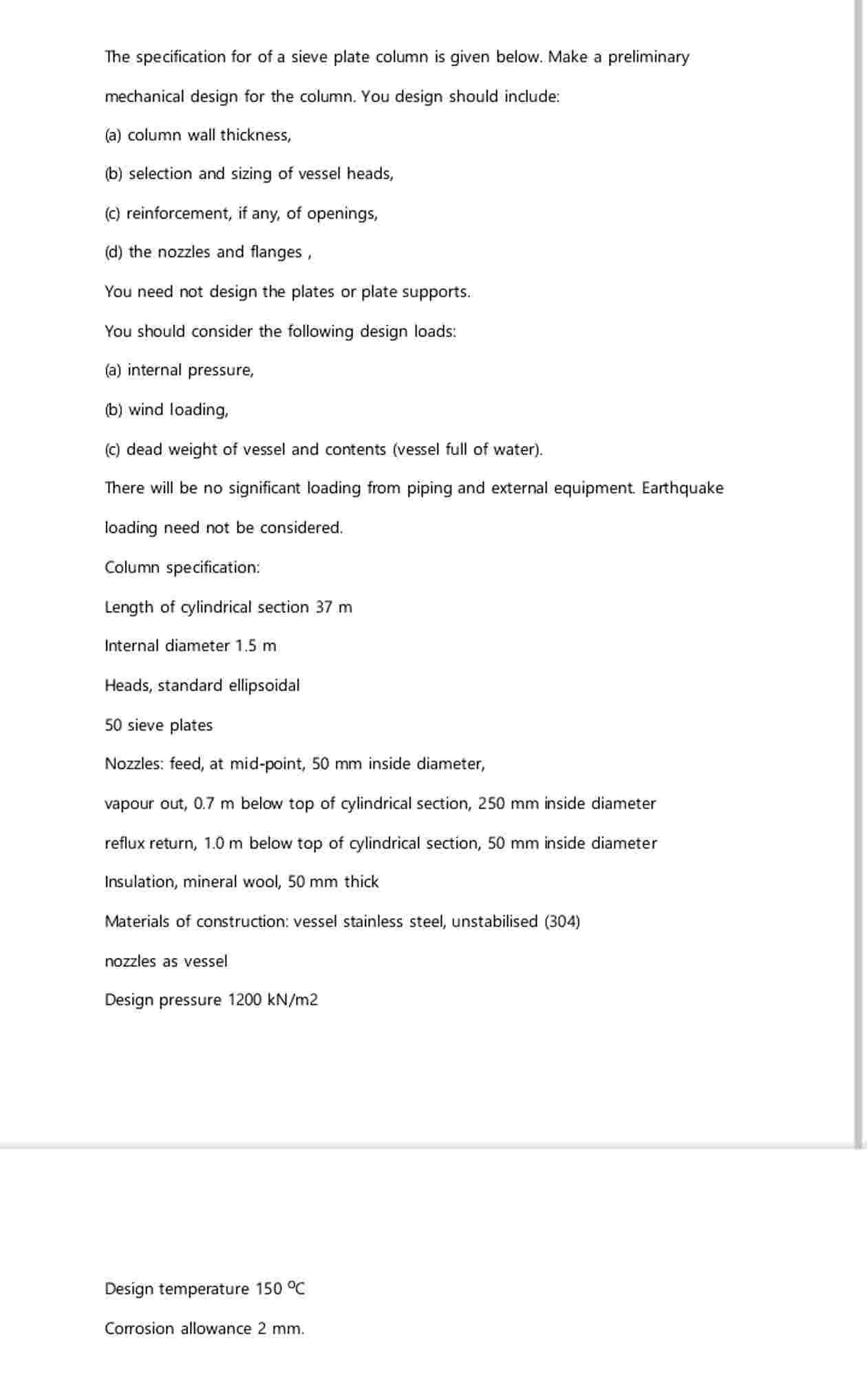 Solved The specification for of a sieve plate column is | Chegg.com