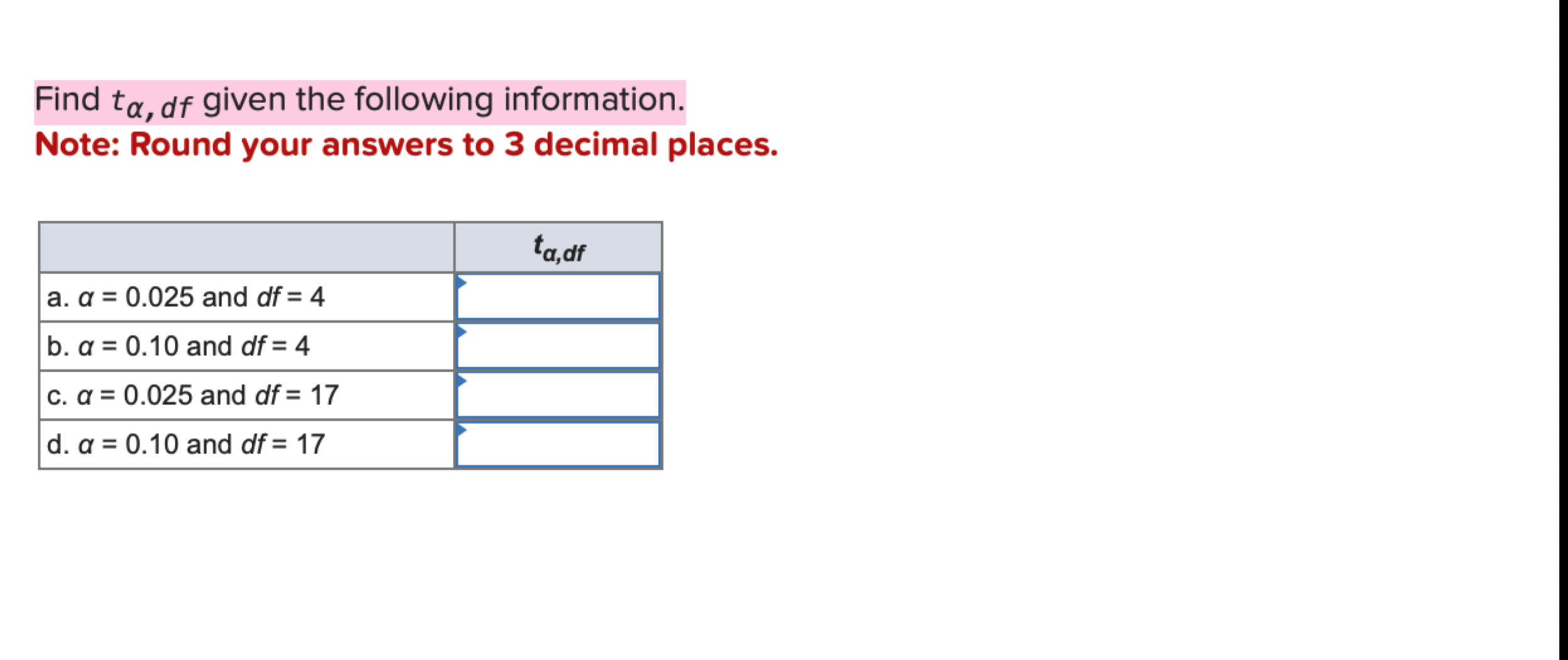 Solved Find tα,df ﻿given the following information.Note: | Chegg.com