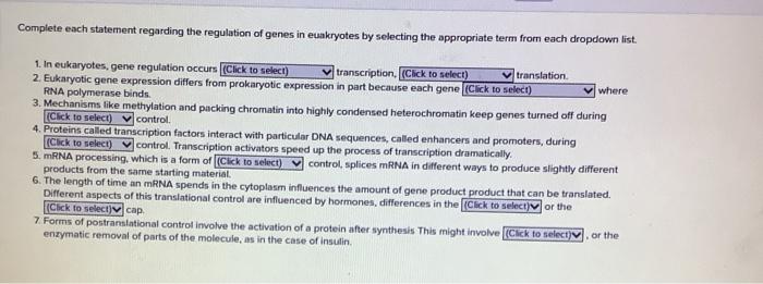 Complete each statement regarding the regulation of | Chegg.com