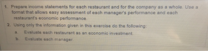 Solved 1. Prepare income statements for each restaurant and | Chegg.com