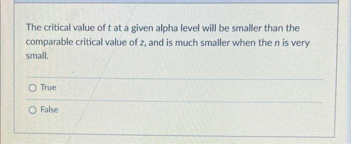 Solved The critical value of t at a given alpha level will | Chegg.com