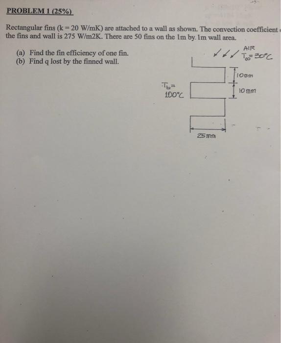 Solved PROBLEM 1 (25%) Rectangular fins (k = 20 W/mK) are | Chegg.com