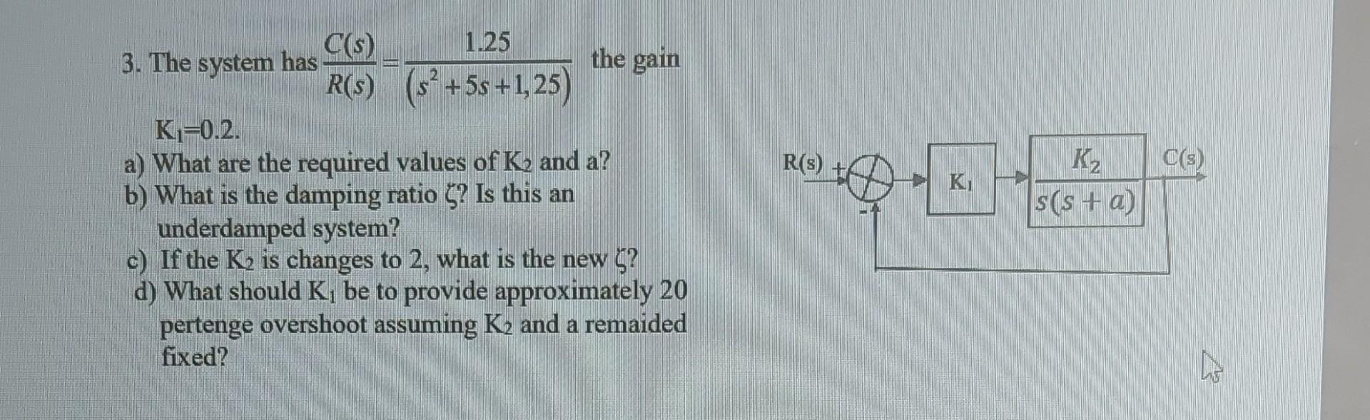 Solved 3. The system has R(s)C(s)=(s2+5s+1,25)1.25 the gain | Chegg.com