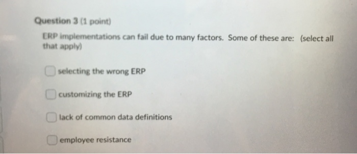 Solved Question 3 (1 point) ERP implementations can fail due | Chegg.com
