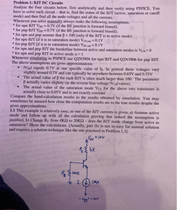 Solved Problem 1: BJT DC Circuits Analyze the four circuits | Chegg.com