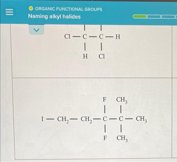 Solved III O ORGANIC FUNCTIONAL GROUPS Naming alkyl halides | Chegg.com