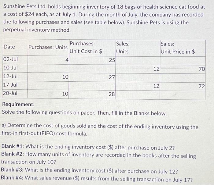 Solved Sunshine Pets Ltd. holds beginning inventory of 18 | Chegg.com