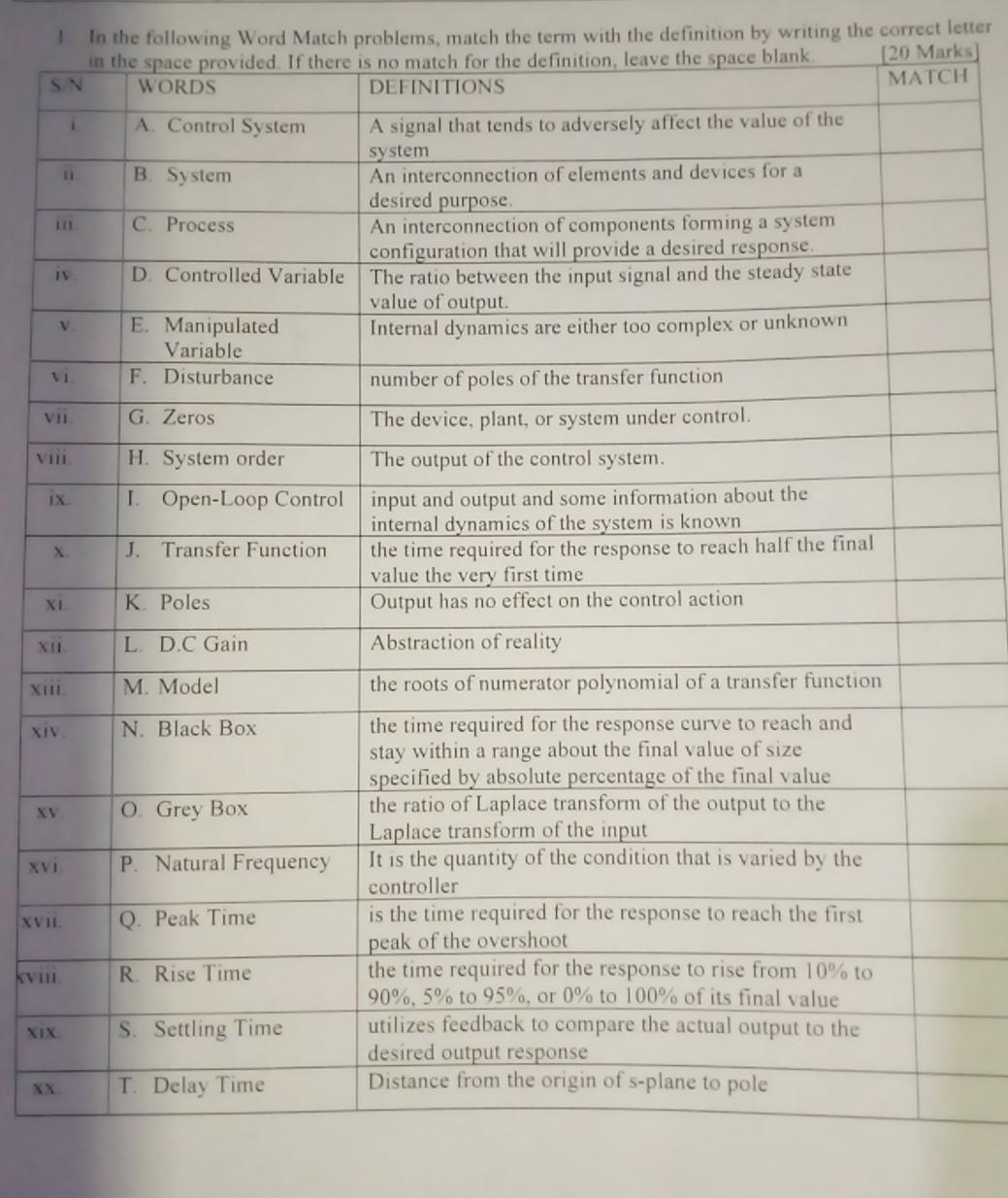 Solved 1 In the following Word Match problems, match the | Chegg.com