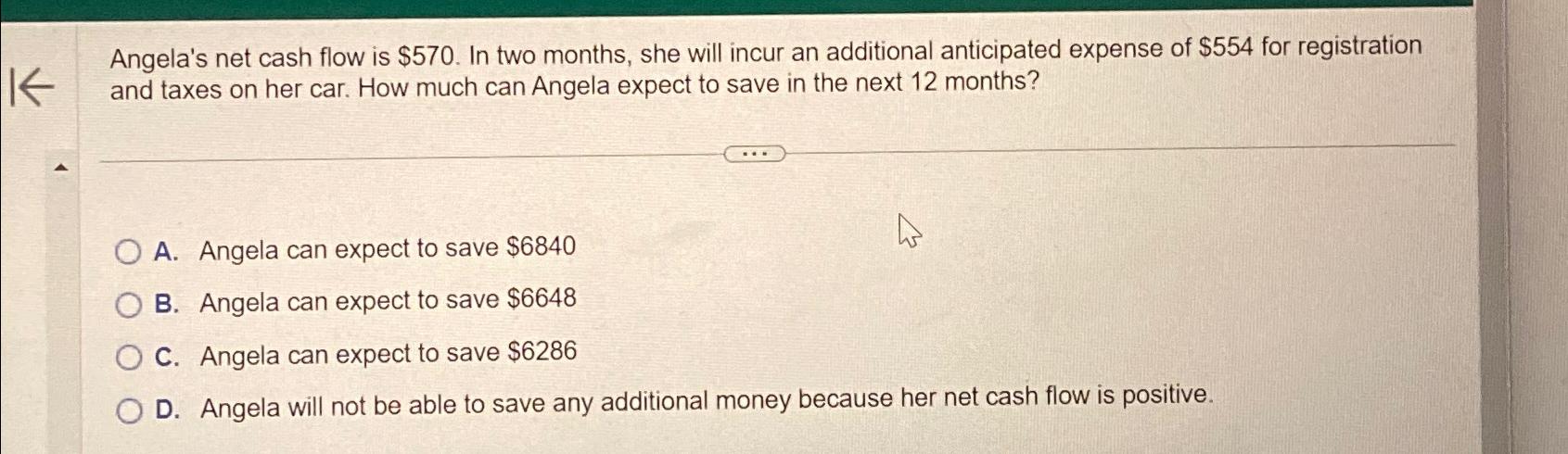Solved Angela's net cash flow is $570. ﻿In two months, she | Chegg.com