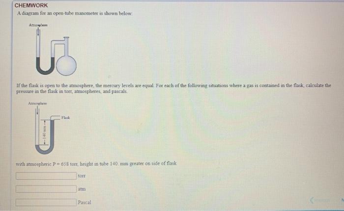 Solved CHEMWORK A diagram for an open-tube manometer is | Chegg.com