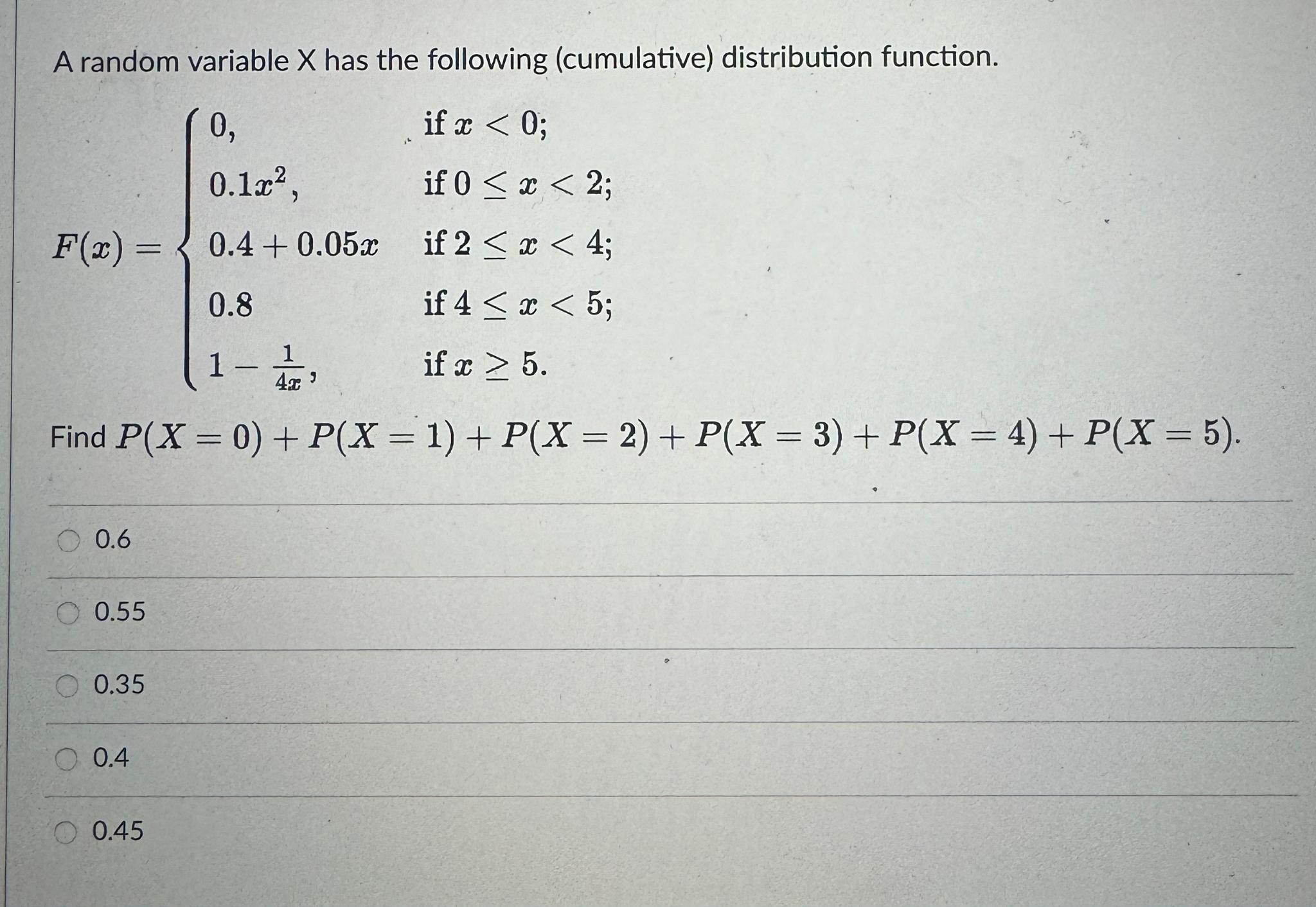 Solved A random variable x ﻿has the following (cumulative) | Chegg.com