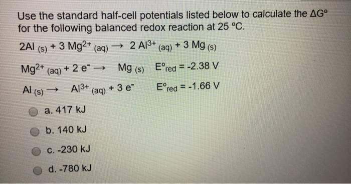 Solved use the standard half cell potential's listed below | Chegg.com