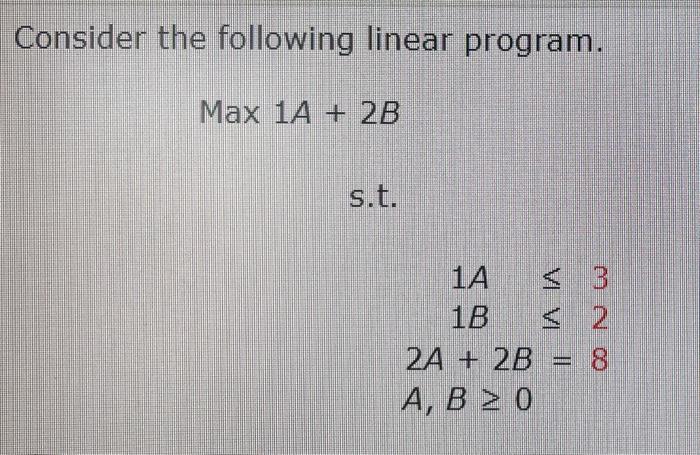 Solved Consider the following linear program. Max 1A + 2B | Chegg.com