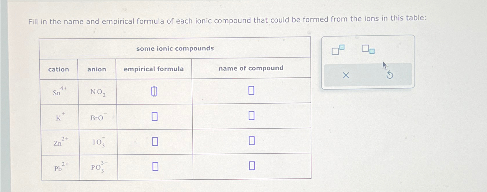 Solved Fill in the name and empirical formula of each ionic | Chegg.com