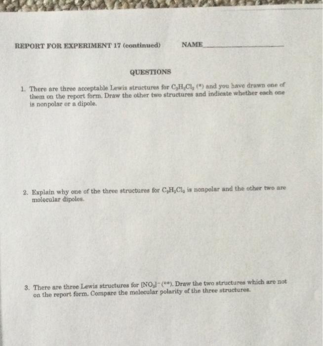 Solved REPORT FOR EXPERIMENT 17 INSTRUCTOR Lewis Structures | Chegg.com