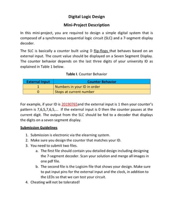 Solved Digital Logic Design Mini-Project Description In this | Chegg.com