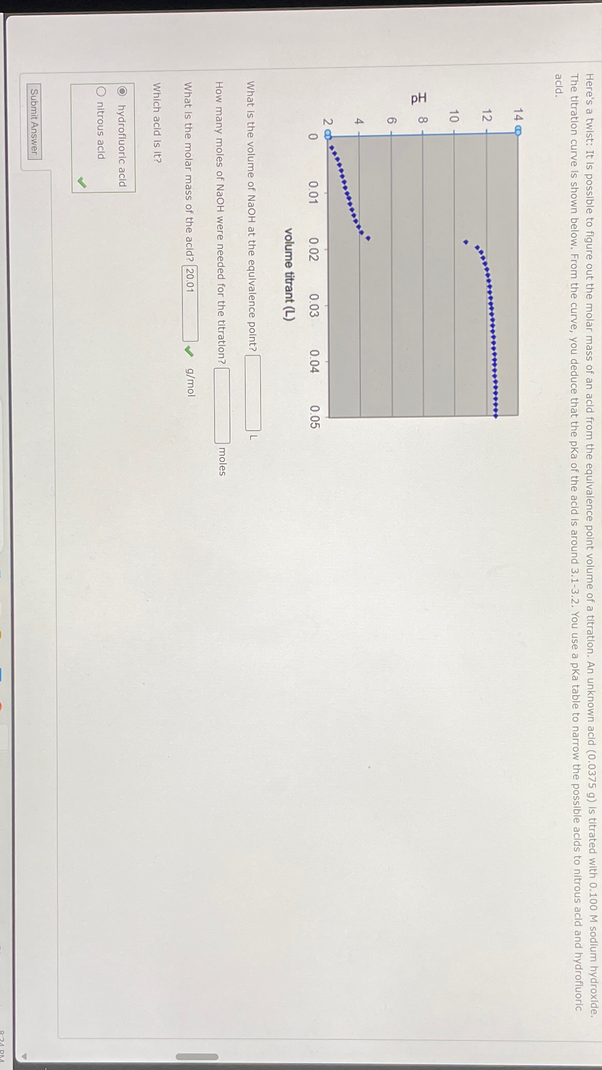 Solved acid.What is the volume of NaOH at the equivalence | Chegg.com