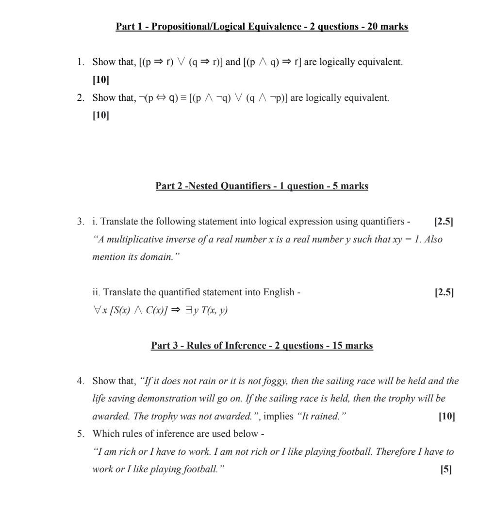 Solved Part 1 - Propositional/Logical Equivalence - 2 | Chegg.com