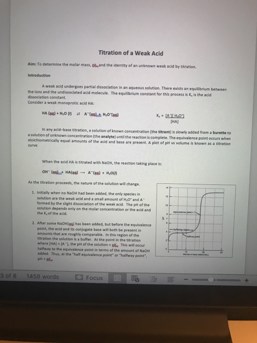 Solved Titration of a Weak Acid Alm: To determine the molar | Chegg.com