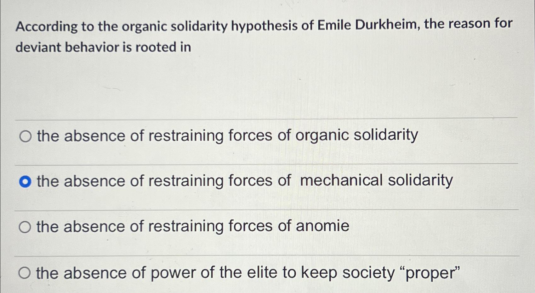 Solved According to the organic solidarity hypothesis of | Chegg.com
