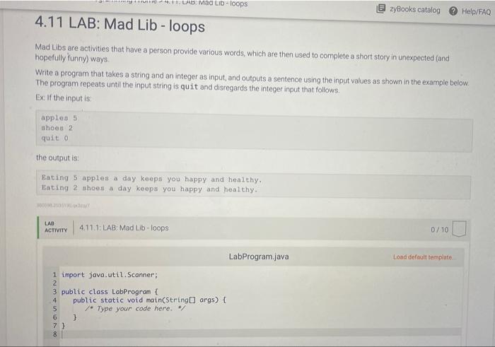 Solved LA Mad Lib-loops zyBooks catalog Help/FAQ 4.11 LAB: | Chegg.com