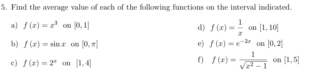 Find the average value of each of the following | Chegg.com