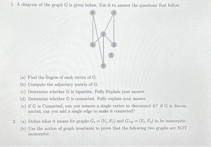 Solved 1. A diagram of the graph G is given below. Use it to | Chegg.com