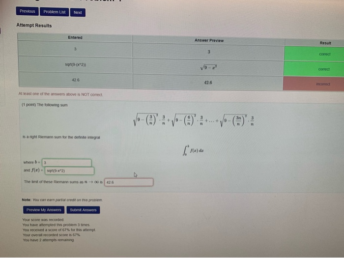 Solved Previous Problem List Next Attempt Results Entered | Chegg.com