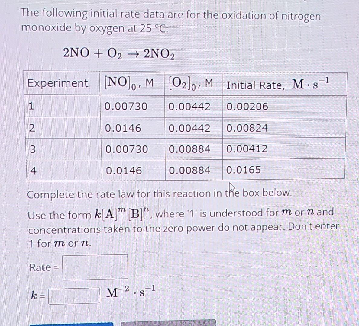 Solved The following initial rate data are for the oxidation | Chegg.com