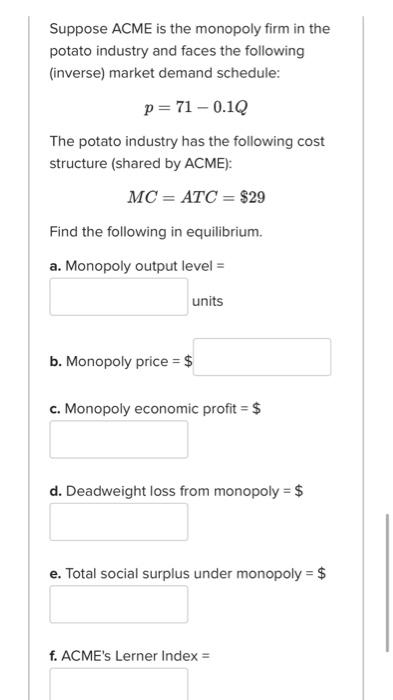 Solved Suppose ACME is the monopoly firm in the potato | Chegg.com