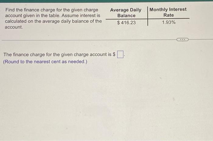 Solved Find the finance charge for the given charge account | Chegg.com