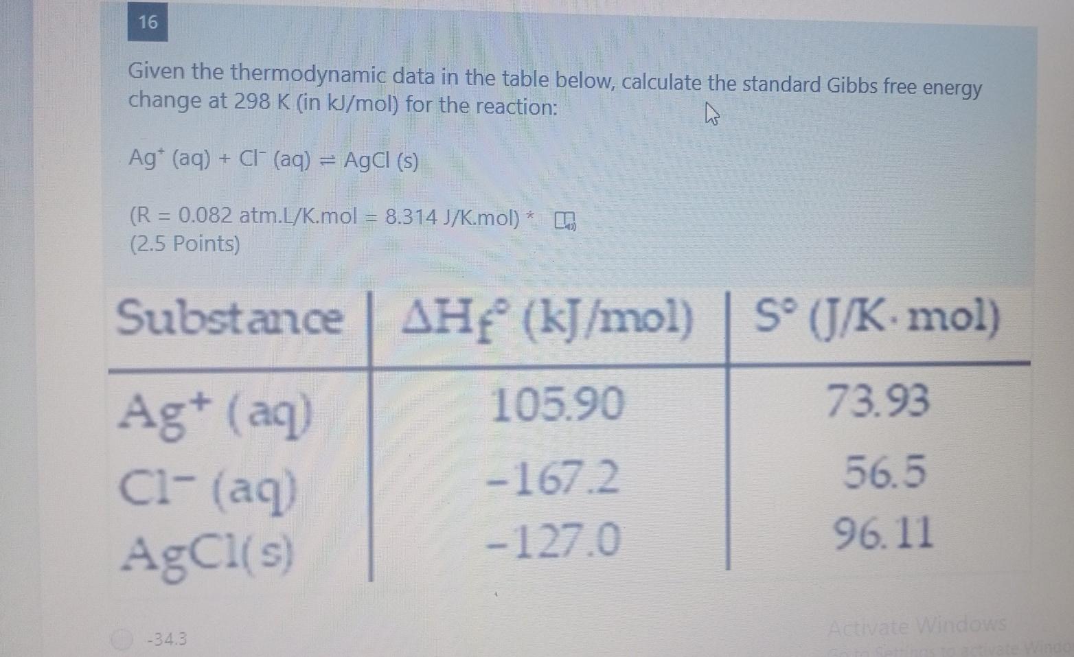 Solved 16 Given the thermodynamic data in the table below, | Chegg.com