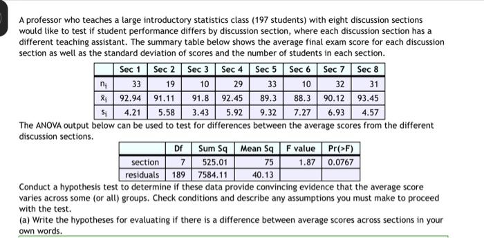 Solved A professor who teaches a large introductory | Chegg.com