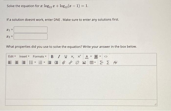 Solved Solve the equation for æ: log12 + log12(x - 1) = 1. | Chegg.com
