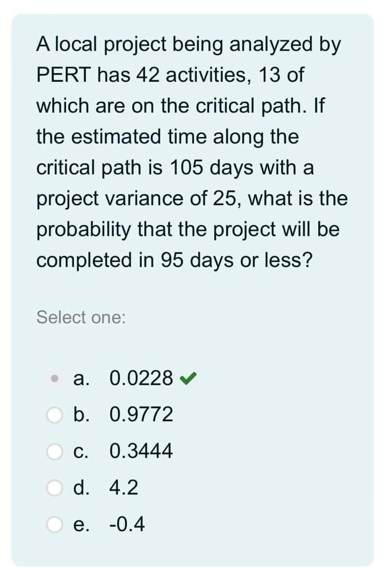 Solved A local project being analyzed by PERT has 42 | Chegg.com