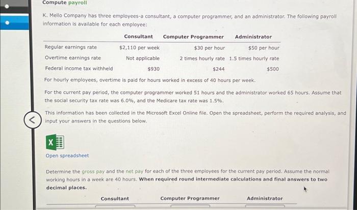 Solved K. Mello Company has three employees-a consultant, a | Chegg.com