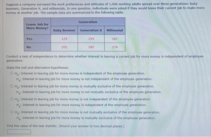 Solved Suppose a company surveyed the work preferences and | Chegg.com