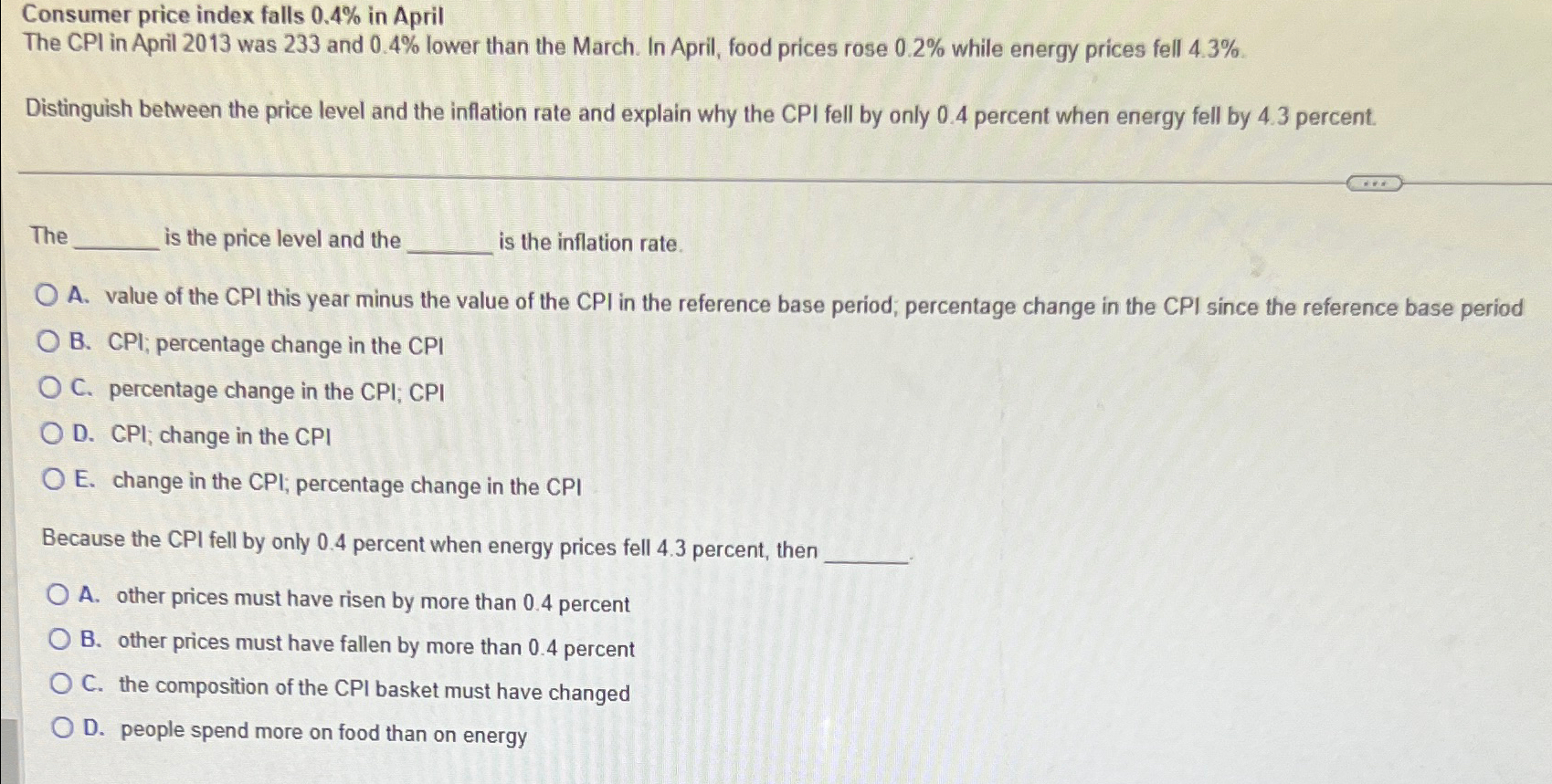 Solved Consumer price index falls 0.4% ﻿in AprilThe CPI in | Chegg.com