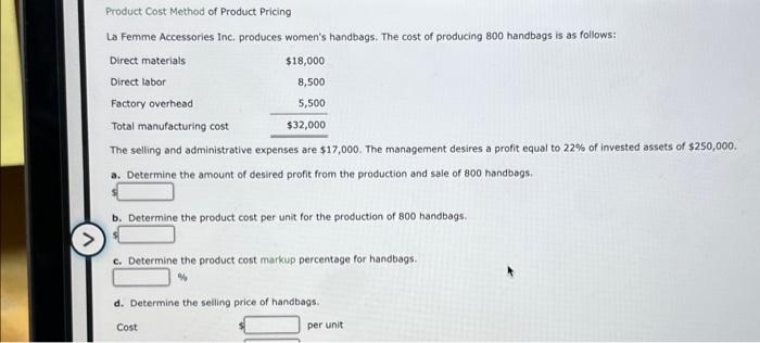 Solved Product Cost Method of Product Pricing La Femme | Chegg.com