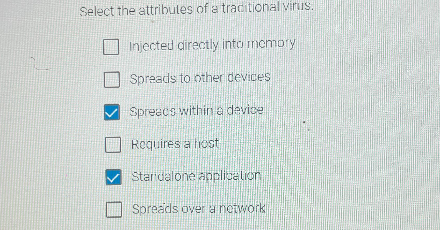 Solved Select the attributes of a traditional virus.Injected | Chegg.com