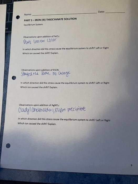 Solved LAB REPORT: LE CHÂTELIER'S PRINCIPLE PART 1 - | Chegg.com