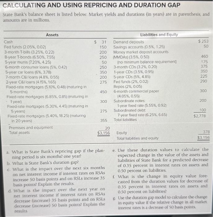 Solved CALCULATING AND USING REPRICING AND DURATION GAP | Chegg.com