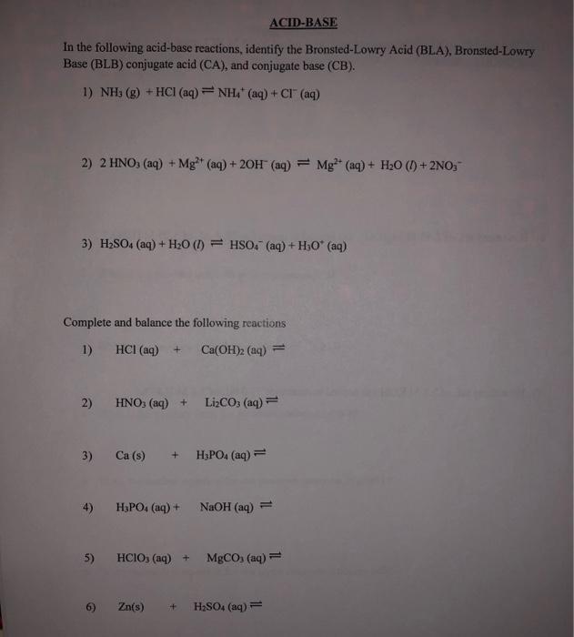Solved ACID-BASE In the following acid-base reactions, | Chegg.com