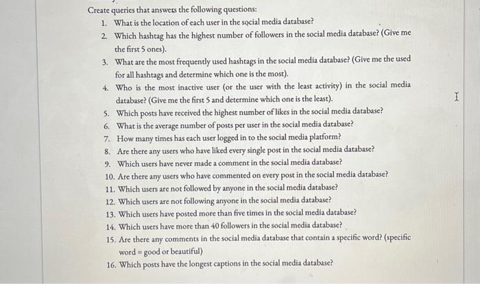 Solved Create queries that answers the following questions: | Chegg.com