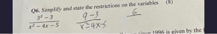 Solved Q6. Simplify and state the restrictions on the | Chegg.com